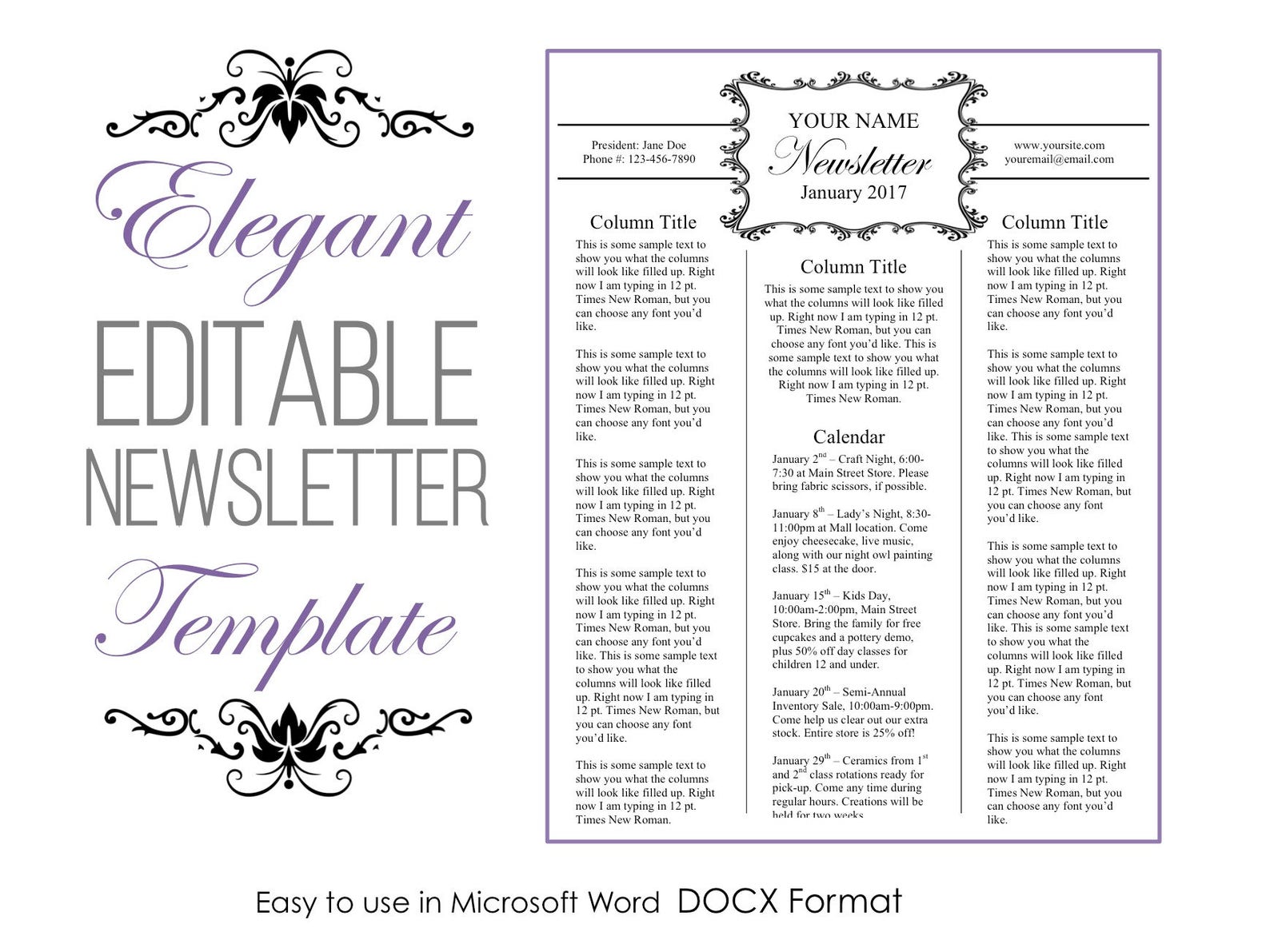 Newsletter Template for Microsoft Word - Elegant - EDITABLE - Instant ...
