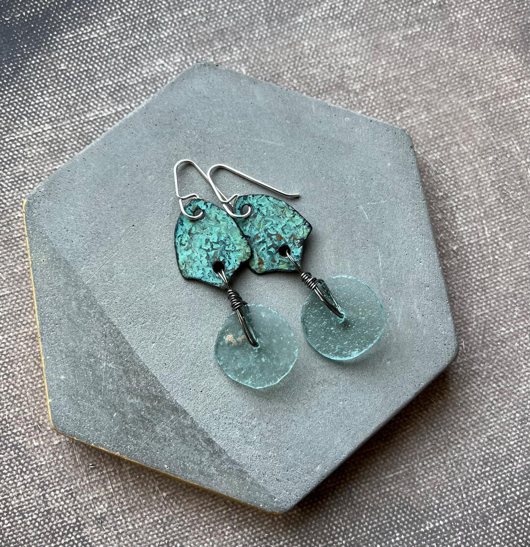 Hammer Texture Verdigris Patina Shield Earrings With Roman Glass by ...