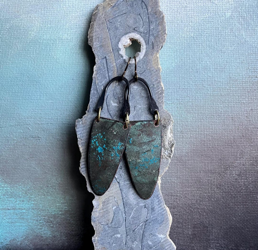 Long Verdigris Shield Earrings by Anvilartifacts With Natural Patina ...