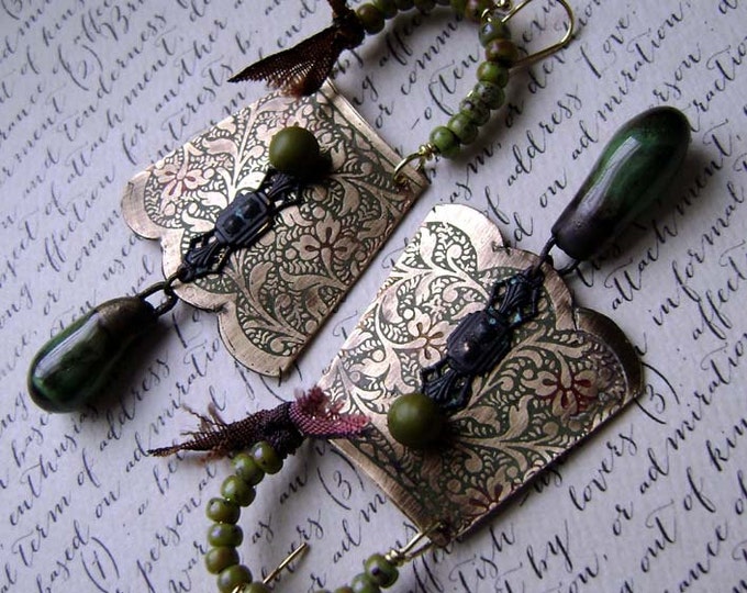 Assemblage-patterned Brass, Handmade-rustic--handdyed Silk- Red Green ...