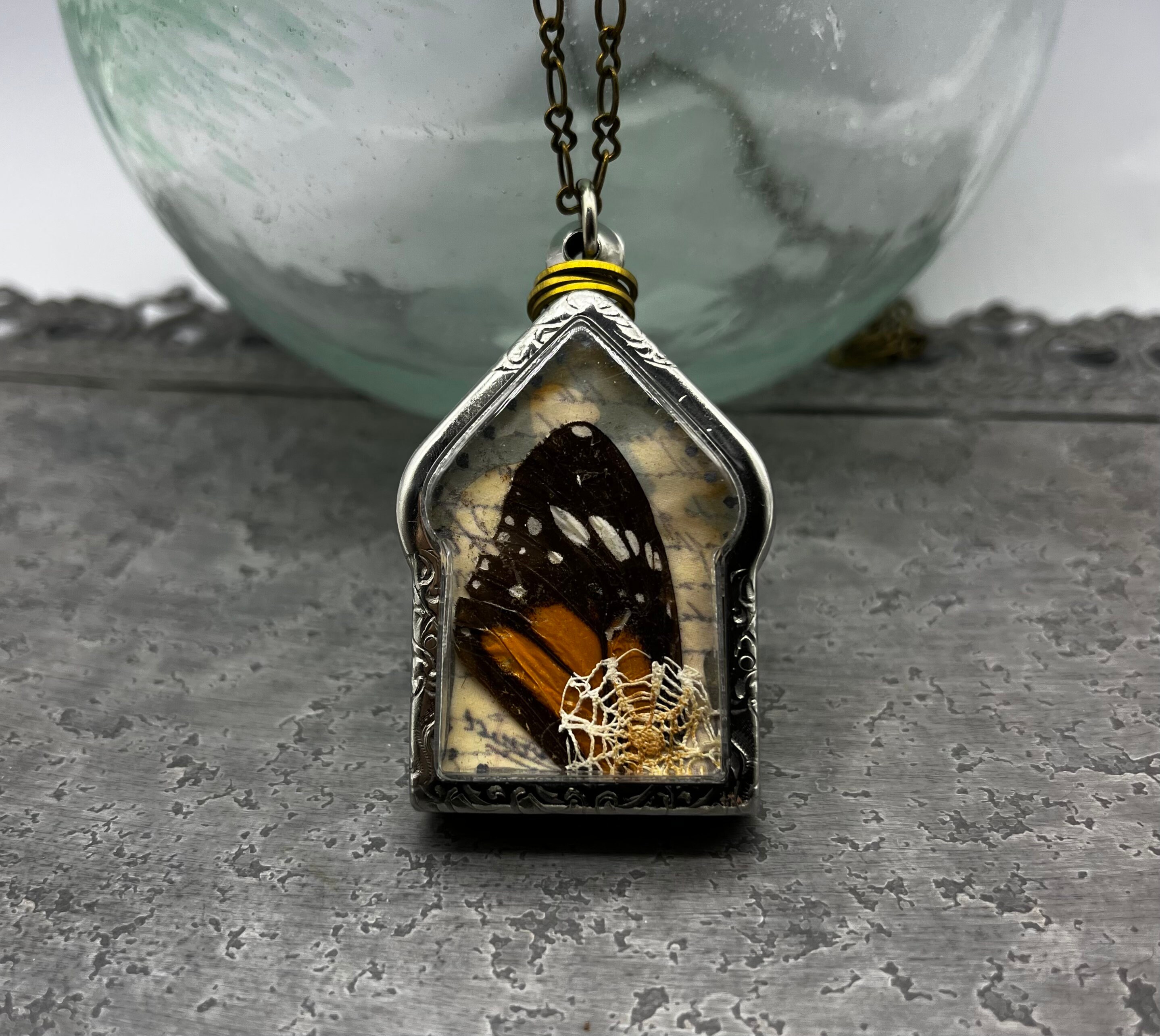 Diorama Necklace With Butterfly Wing and Spiderweb Lace Wearable Museum ...