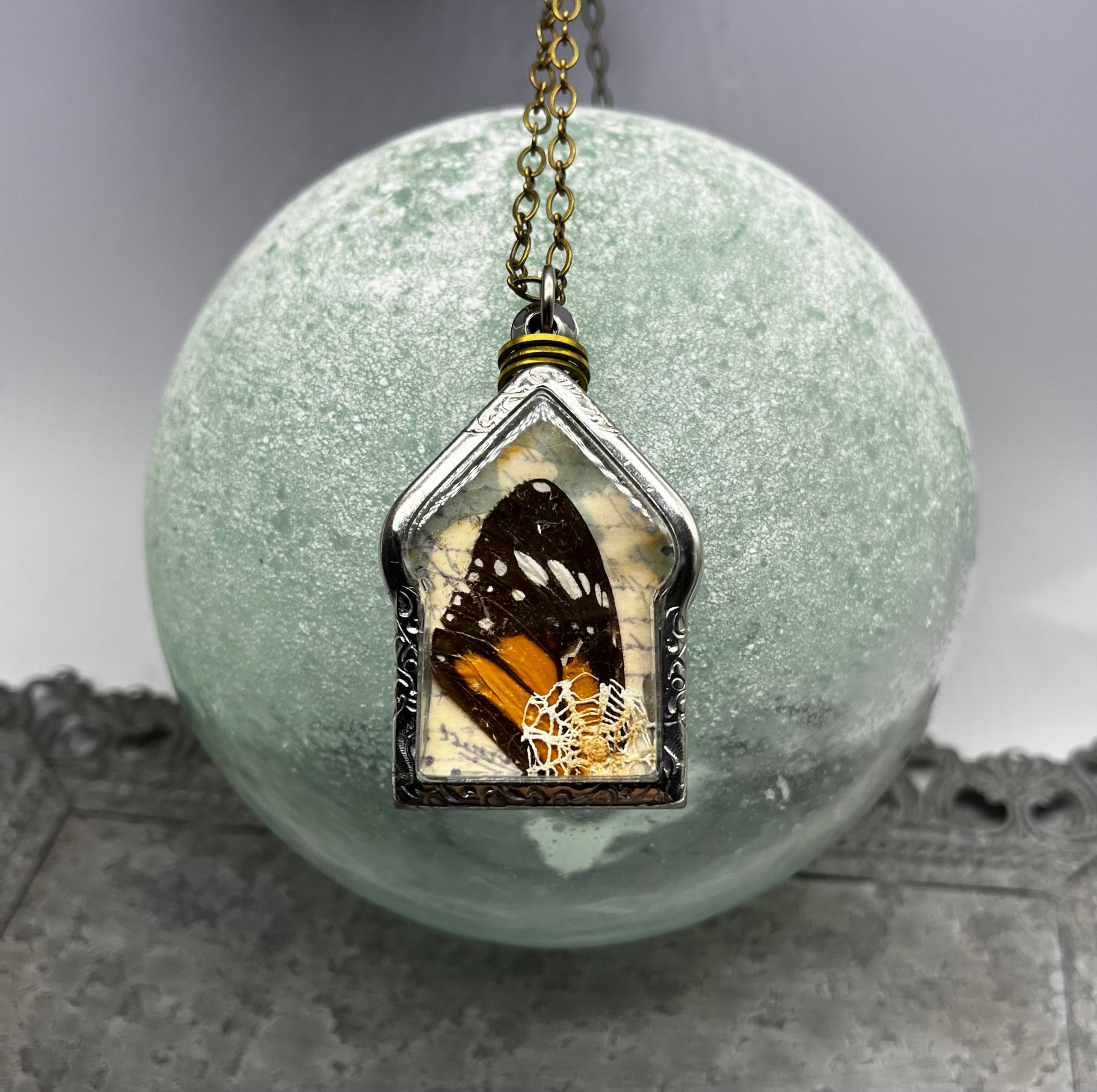 Diorama Necklace With Butterfly Wing and Spiderweb Lace Wearable Museum ...