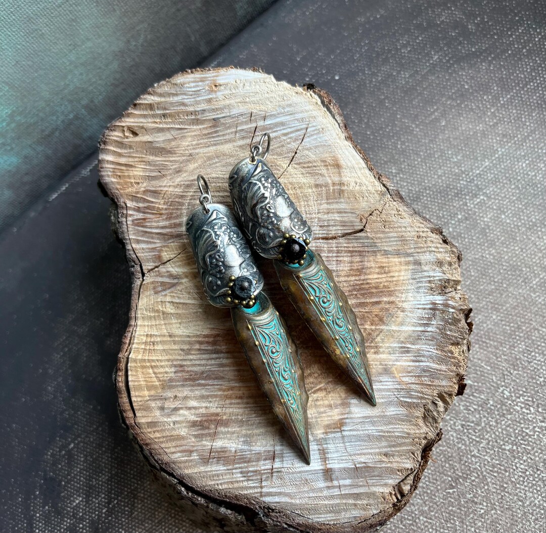 Medieval Inspired Mixed Metal Earrings With Patterned Verdigris Spikes ...