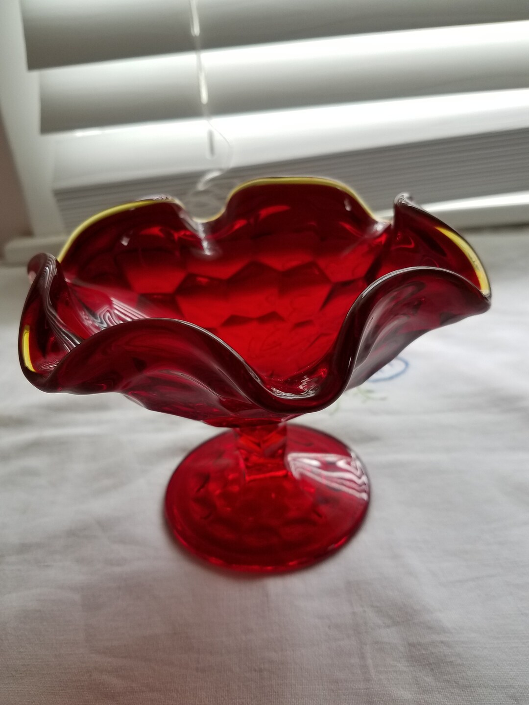 Red Glass Pedestal Bowl Gift Idea Ruffled Edge Thumbprint Glass Pattern ...