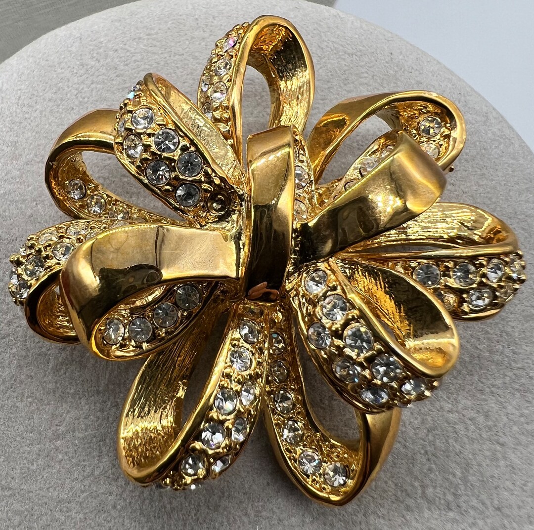 Signed Roman Gold and Rhinestone Ribbon Bow Brooch - Etsy