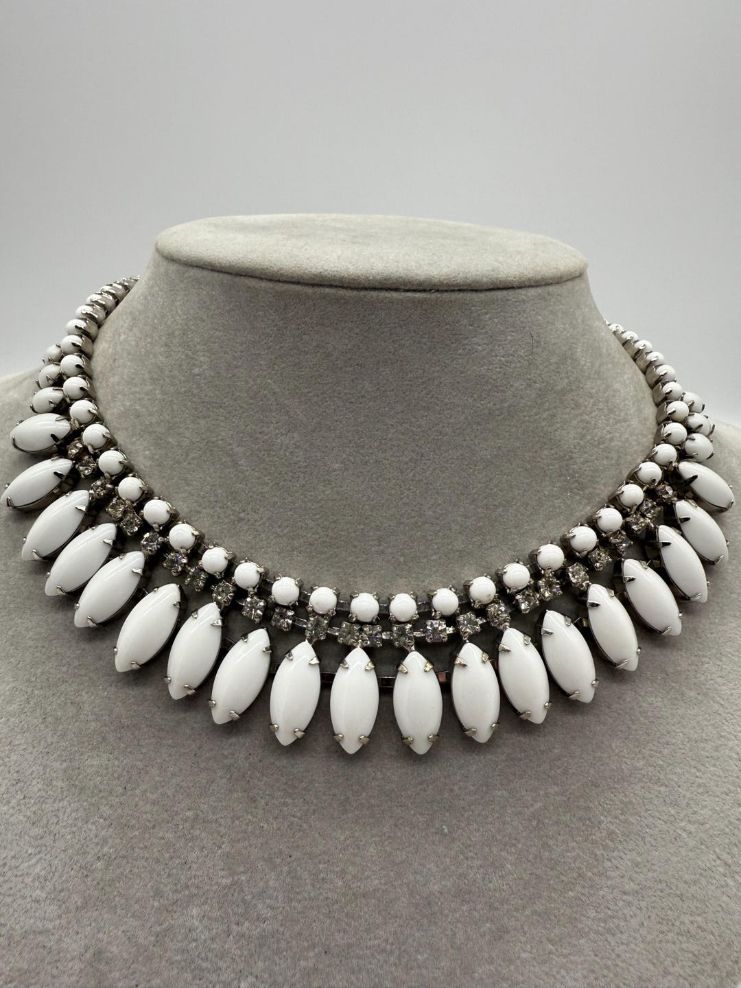 Vintage Milk Glass and Rhinestone Choker Necklace With Hook Clasp - Etsy