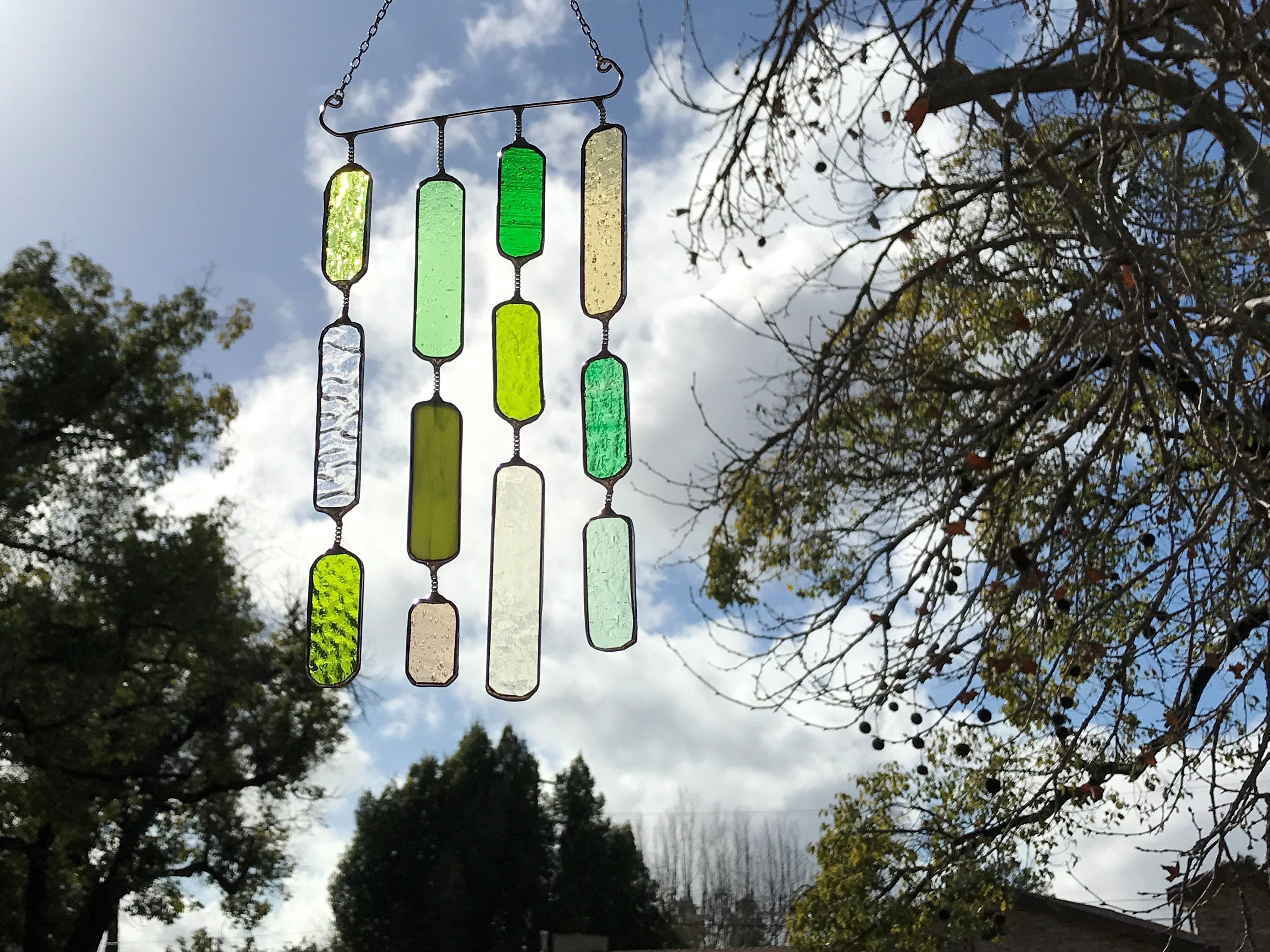 Green 4 String Glass Rectangle • Mobile • Suncatcher • Wall Hanging