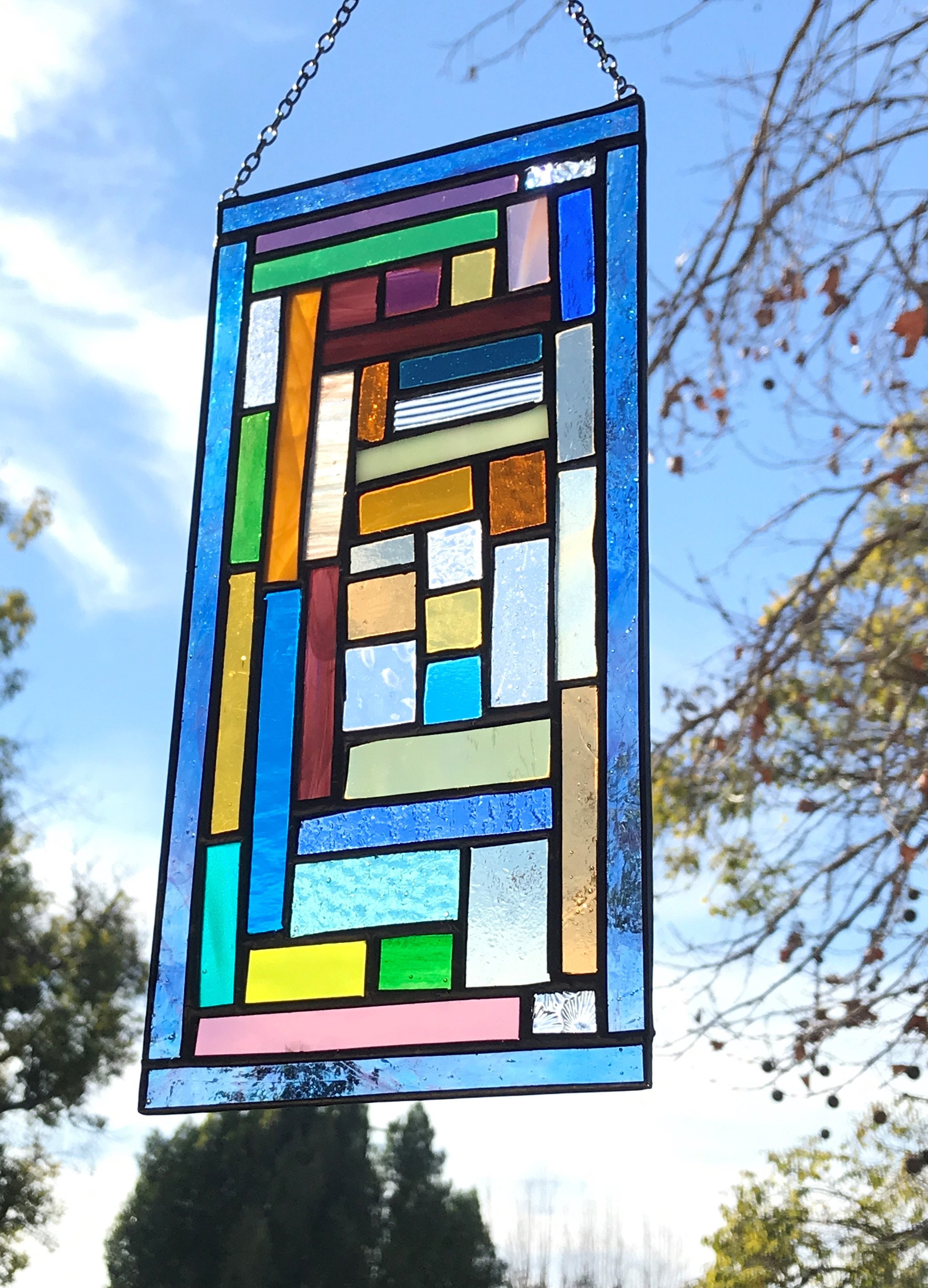 Multicolored Geometric Stained Glass Panel
