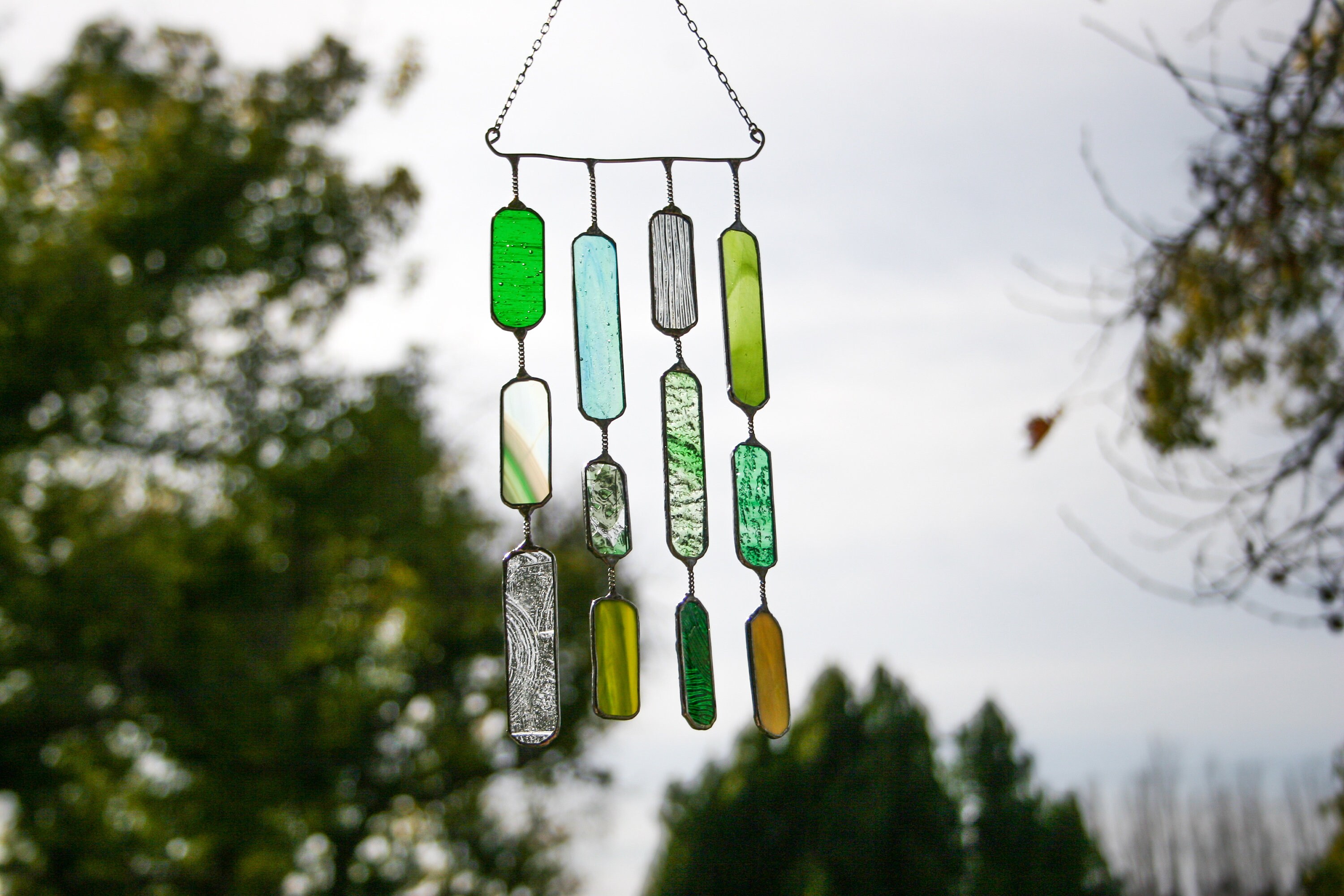 Green 4 String Glass Rectangle • Mobile • Suncatcher • Wall Hanging