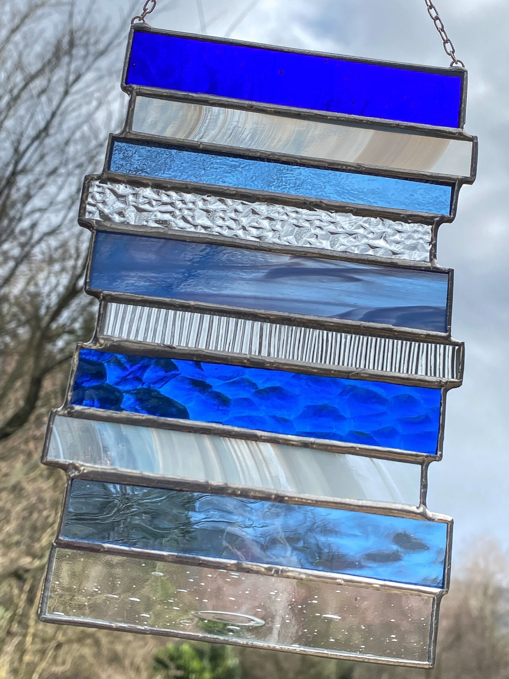 Blue Stacked Stripe Stained Glass Panel