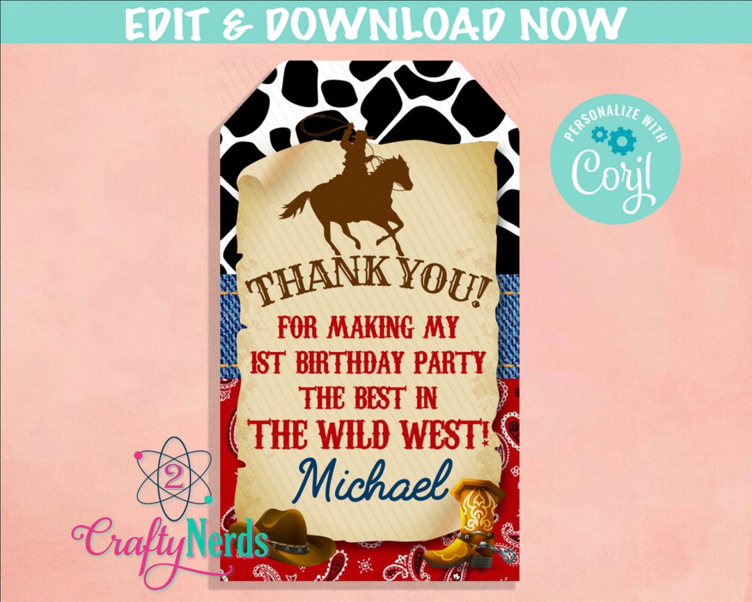 Cowboy Rodeo Birthday Thank You Tag, Cowboy Birthday Tag Rodeo Label ...