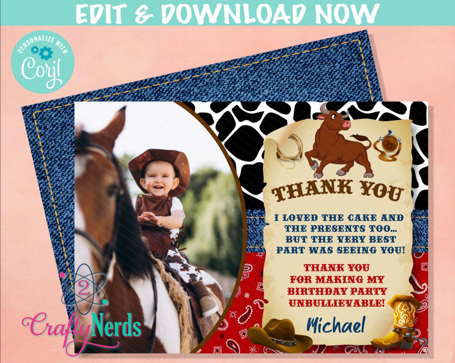 Rodeo Cowboy Birthday Thank You Card With Photo Rodeo Bull - Etsy