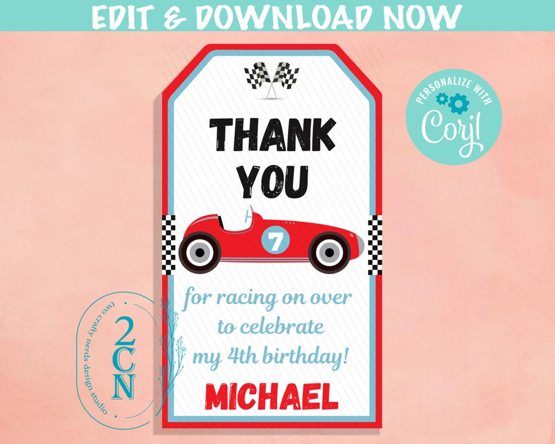 Retro Race Car Birthday Thank You Round Tag, Race Car Party Tag, Racing ...