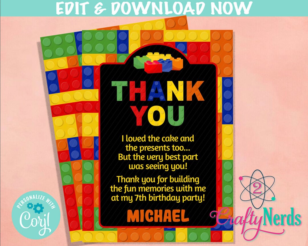 Building Blocks Birthday Thank You Card Blocks Thank You Card - Etsy