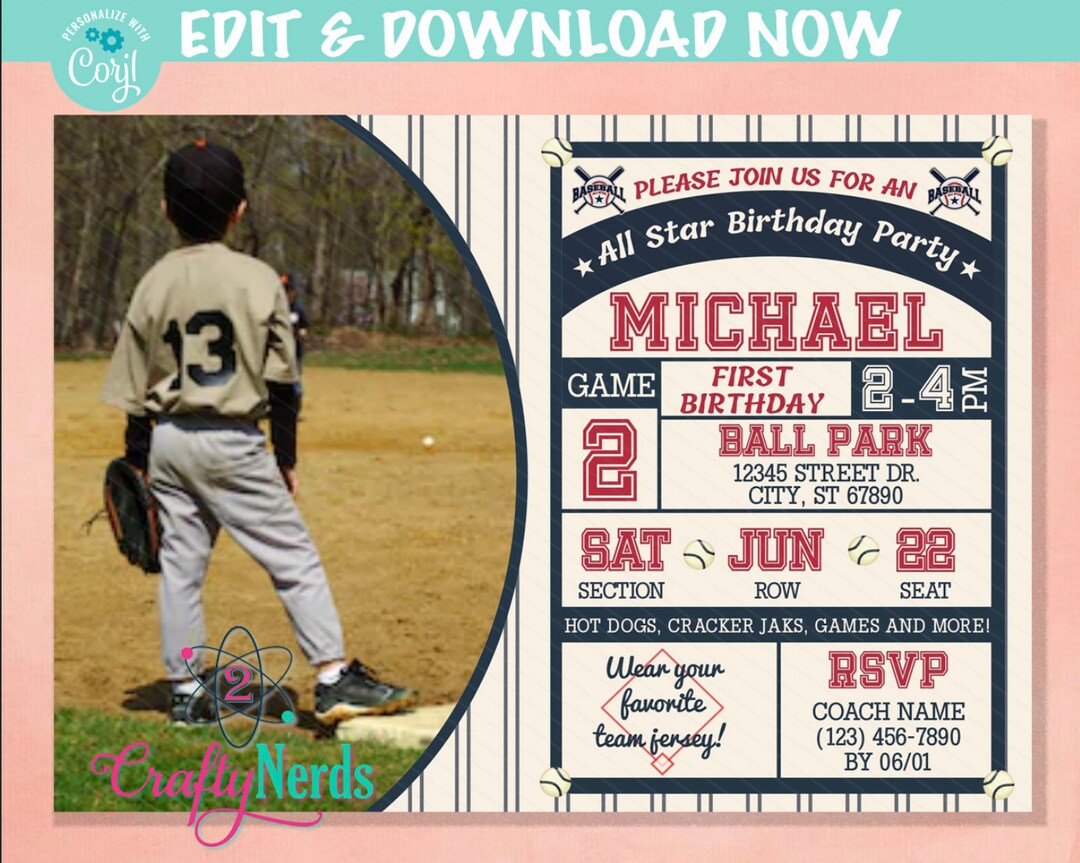 Vintage Baseball Birthday Invitation With Photo, Retro Sport Invitation ...