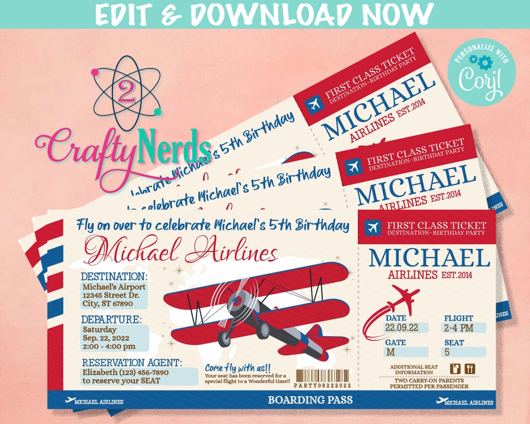 Airplane Ticket Birthday Invitation, Airplane Party, Plane Invitation ...