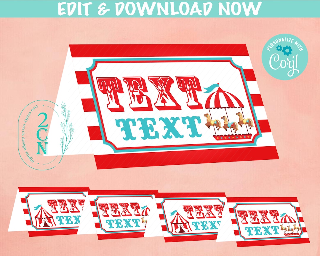 Circus Carnival Birthday Folded Card, Circus Table Card Circus Label ...