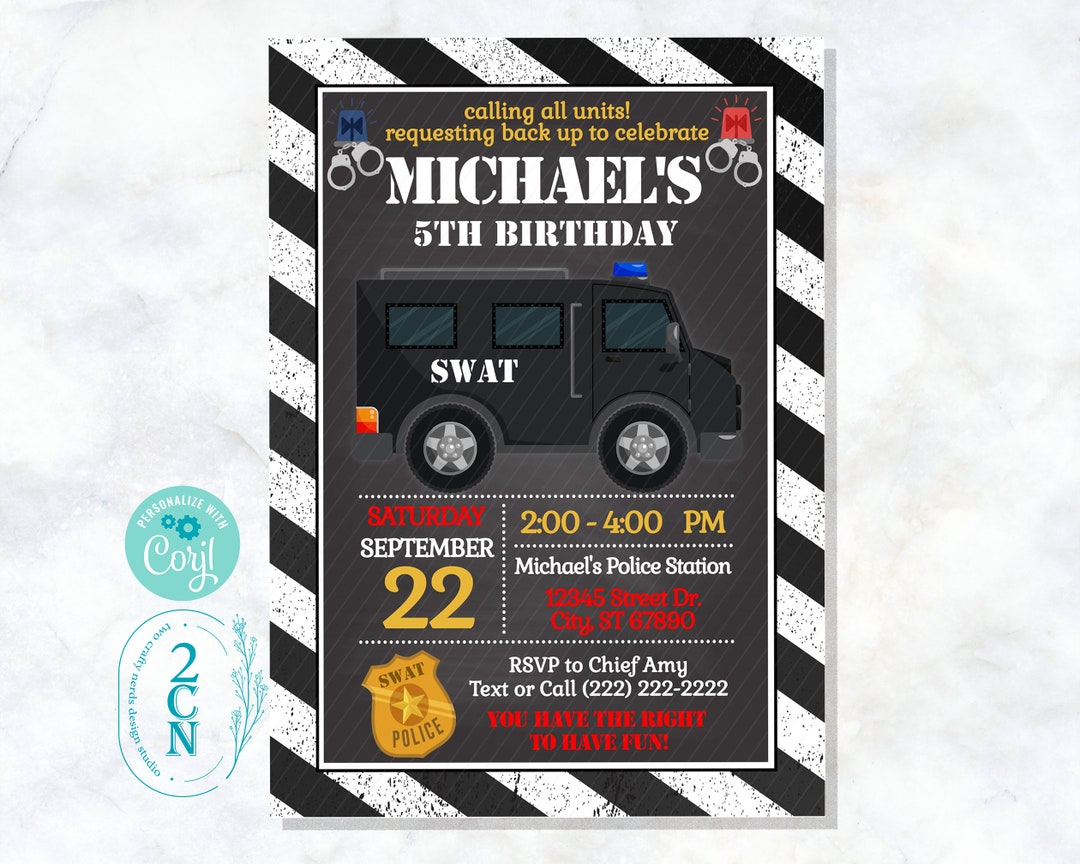 SWAT Police Birthday Invitation, Police Party, Cop Theme, Police Theme ...