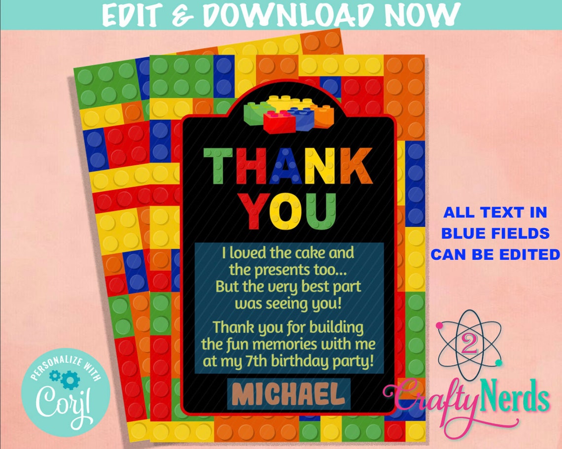 Building Blocks Birthday Thank You Card, Blocks Thank You Card ...