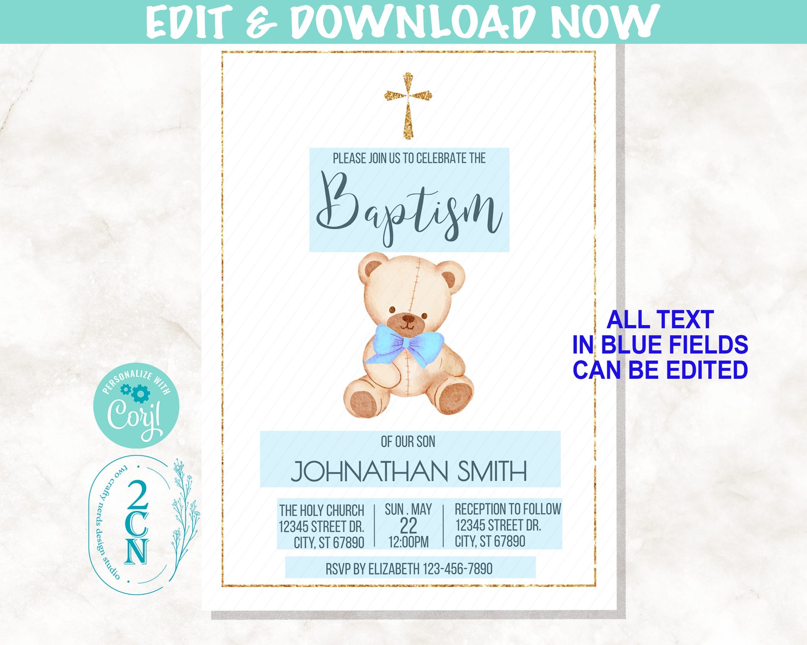 Teddy Bear Baptism Invitation, Baptism Party Christening Party Blessing ...