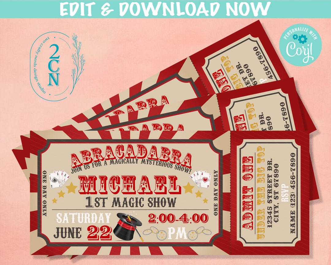Magic Show Ticket Birthday Invitation, Magic Act Party Invitation Retro ...