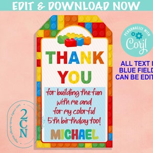 Building Blocks Birthday Thank You Tag, Blocks Birthday Tag, Label ...