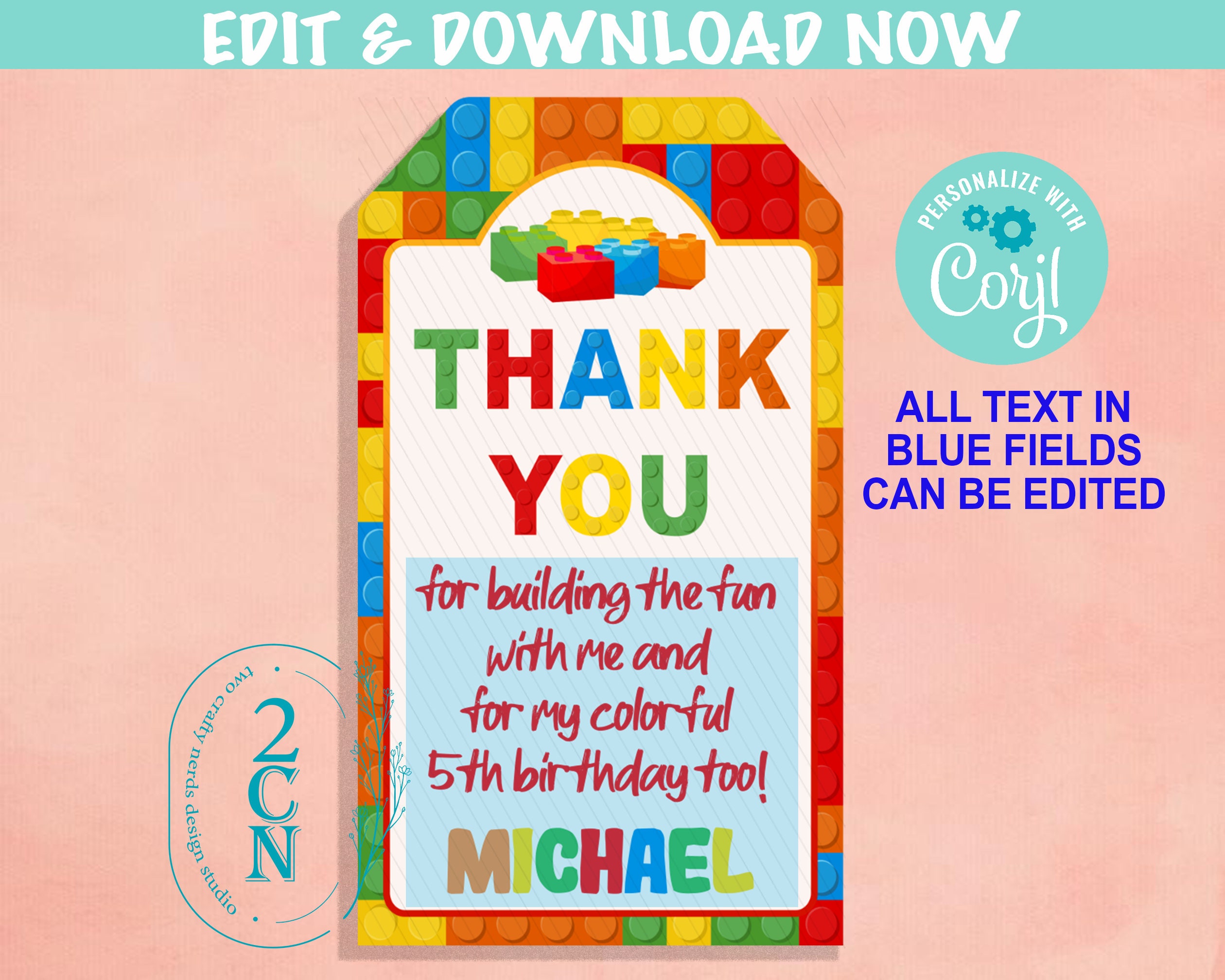 Building Blocks Birthday Thank You Tag Blocks Birthday Tag | Etsy