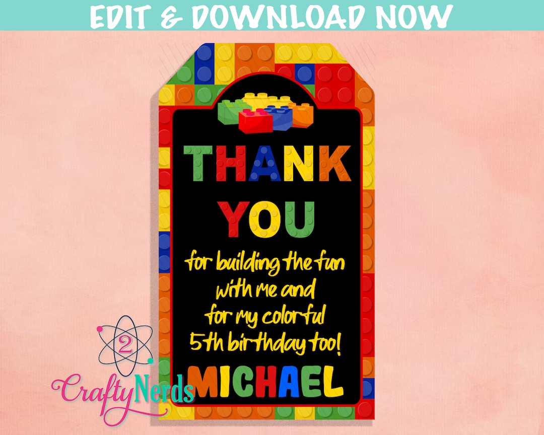 Building Blocks Birthday Thank You Tag, Blocks Birthday Tag Favor Label ...