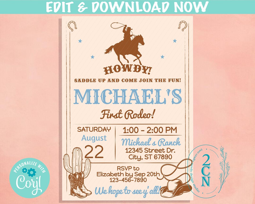 Cowboy Rodeo Birthday Invitation, Western Party, First Rodeo, Wild West ...
