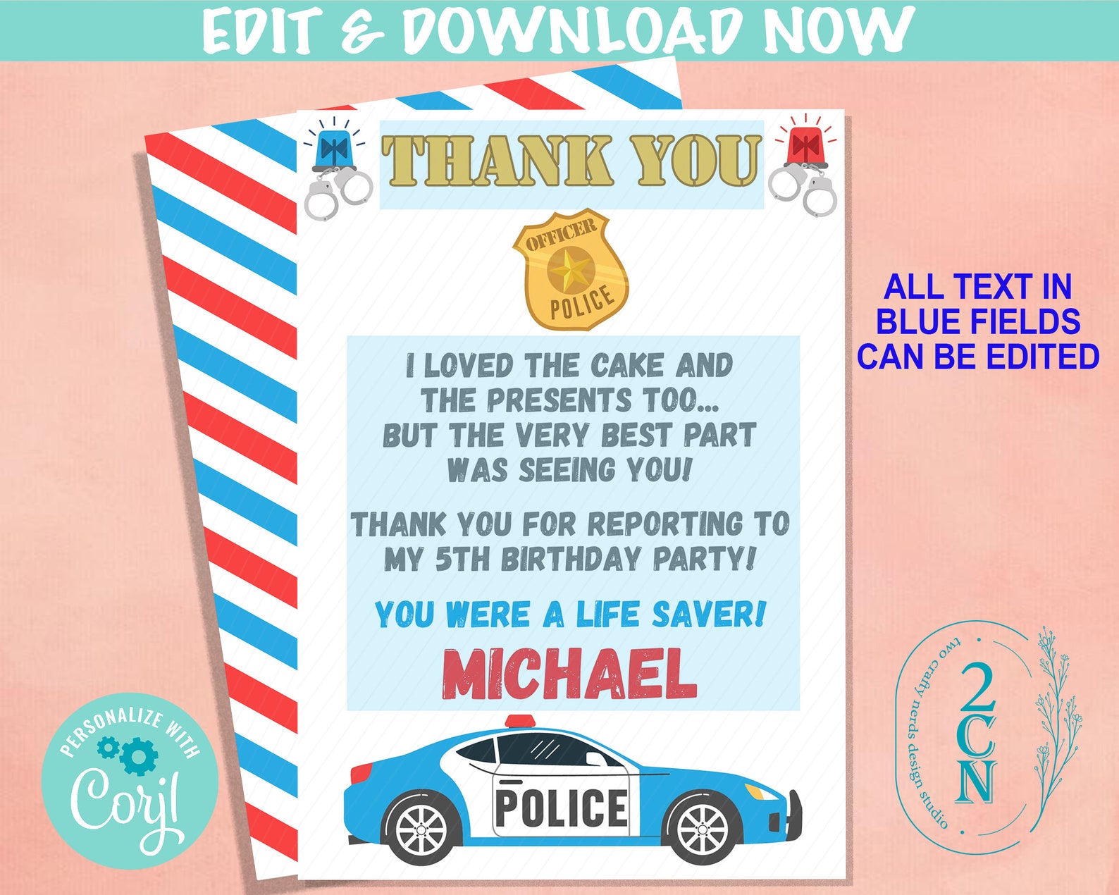Police Birthday Thank You Card Police Thank You Card Police - Etsy