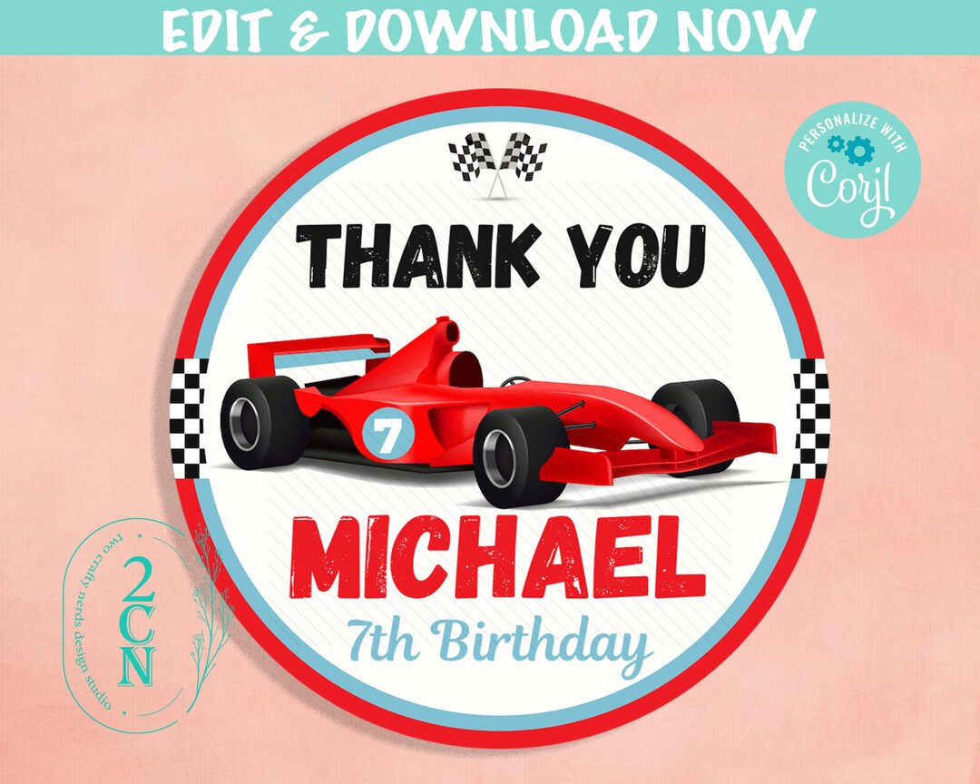 Race Car Birthday Thank You Round Label, Race Car Party Tag, Racing Car ...