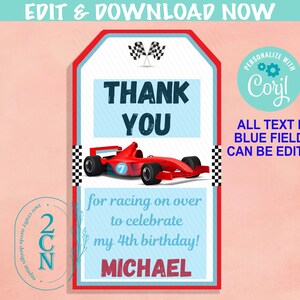 Race Car Birthday Thank You Round Tag, Race Car Party Tag, Racing Car ...