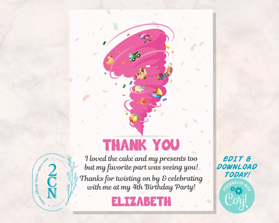 Tornado Birthday Thank You Card, Tornado Thank You | Editable Instant ...