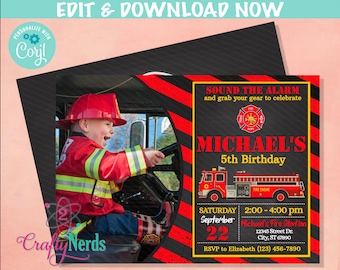 Firefighter Invitation With Photo EDITABLE Fire Fighter - Etsy