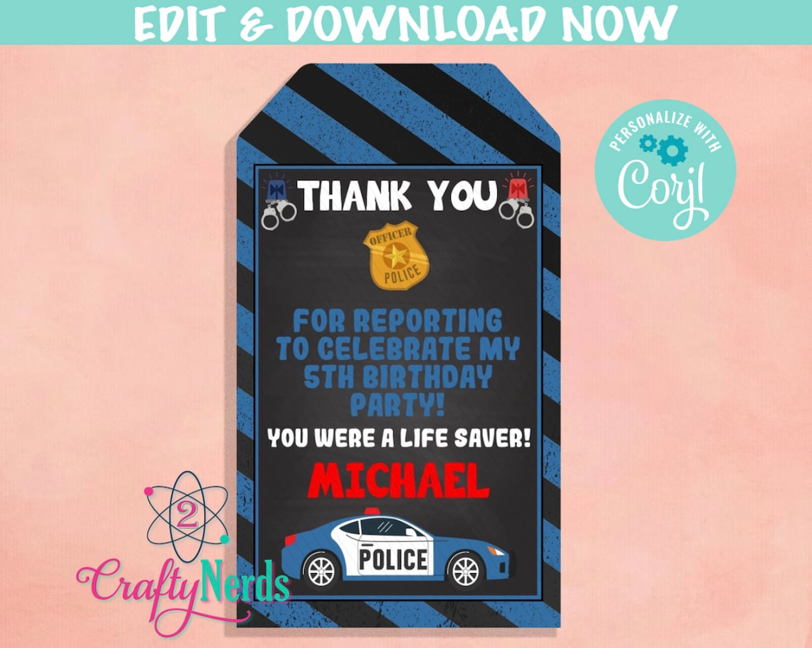 Police Birthday Thank You Tag, Police Birthday Tag, Police Favor Label ...