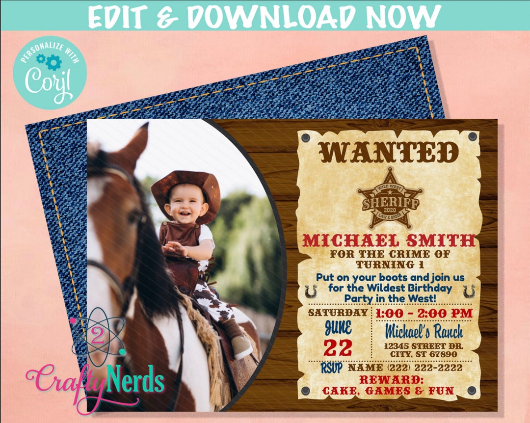 Wanted Cowboy Wild West Birthday Invitation With Photo, Western Party ...