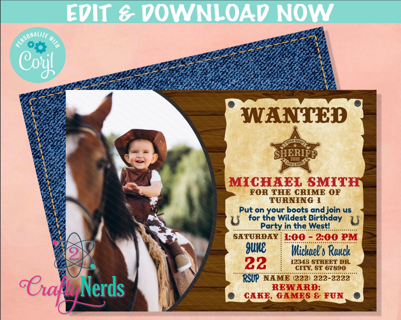 Wanted Cowboy Wild West Birthday Invitation With Photo, Western Party ...