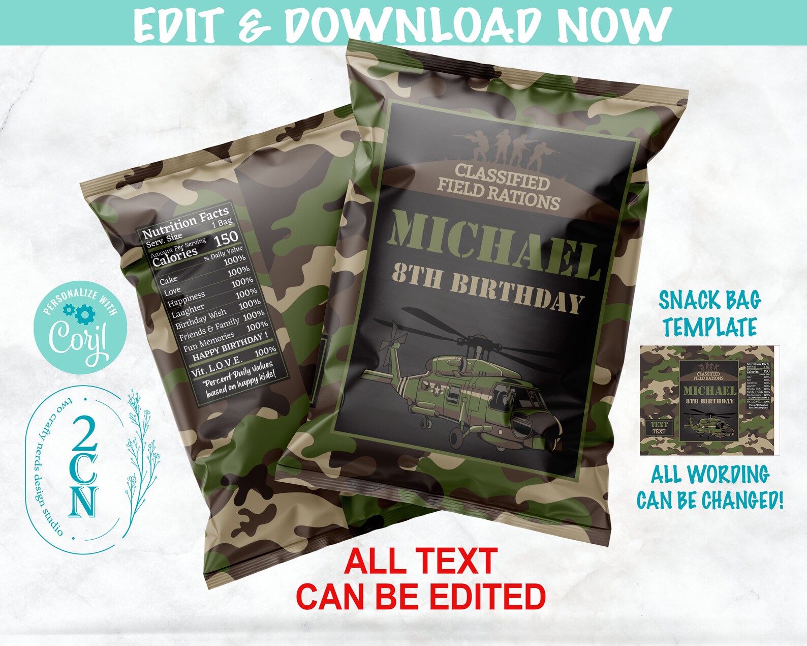 Army Birthday Chips Bag, Army Camo Party Popcorn Bag, 1oz Snack Bag ...