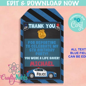 Police Birthday Thank You Tag, Police Birthday Tag, Police Favor Label ...