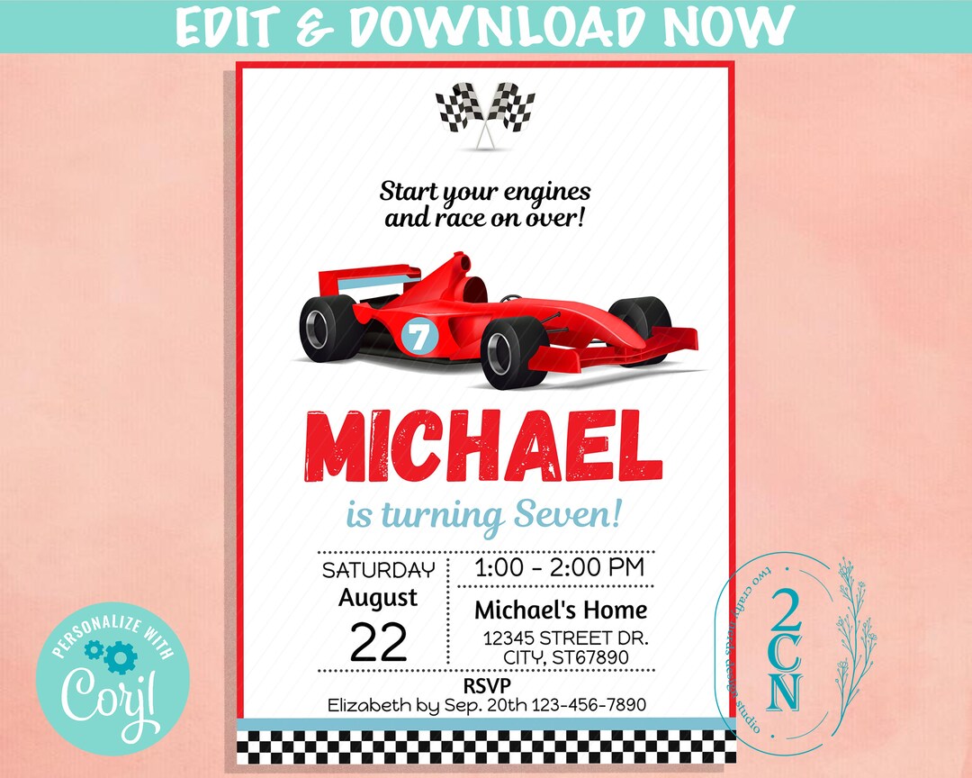 Race Car Birthday Invitation, Racing Car Invite, Race Car Party, Modern ...