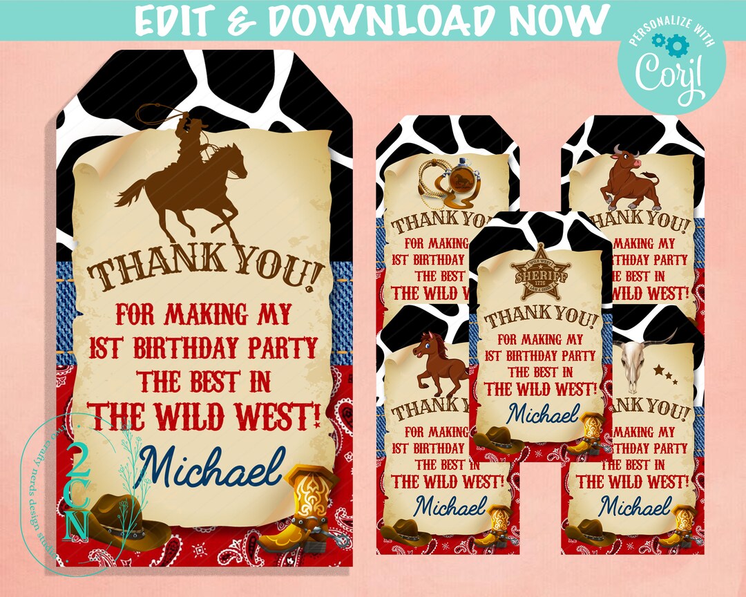 Cowboy Rodeo Birthday Thank You Tag 6 Designs, Rodeo, Tag Cowboy Label ...