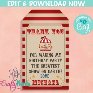 Circus Birthday Thank You Tag, Carnival Birthday Tag Circus Favor Label ...