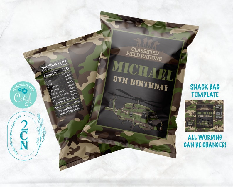 Army Birthday Chips Bag, Army Camo Party Popcorn Bag, 1oz Snack Bag ...