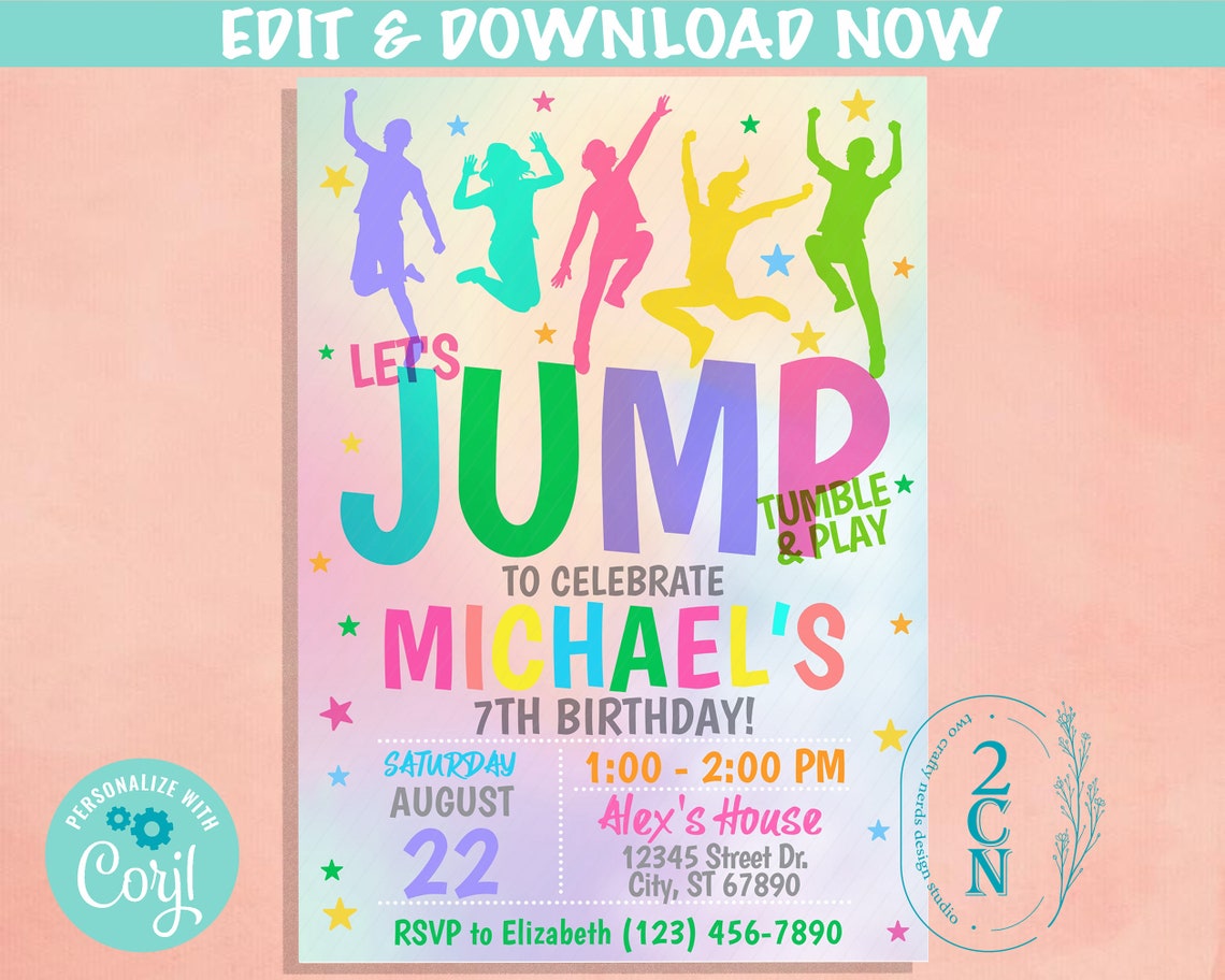 Jump Birthday Invitation, Jumping Bounce Party, Bounce House Pastel ...