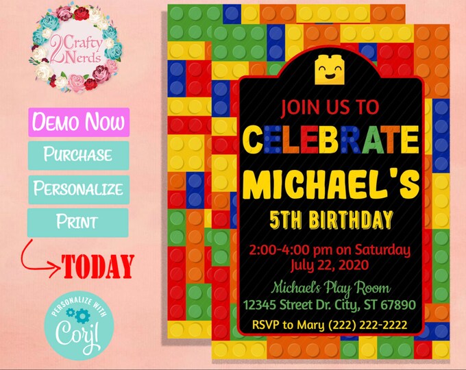 Colorful Building Blocks Birthday Invitation, Blocks Birthday Party ...
