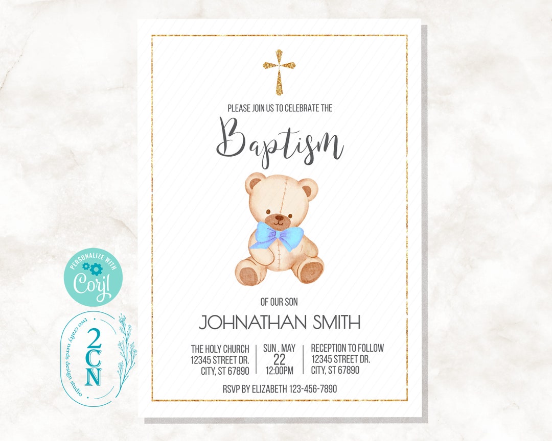 Teddy Bear Baptism Invitation, Baptism Party Christening Party Blessing ...