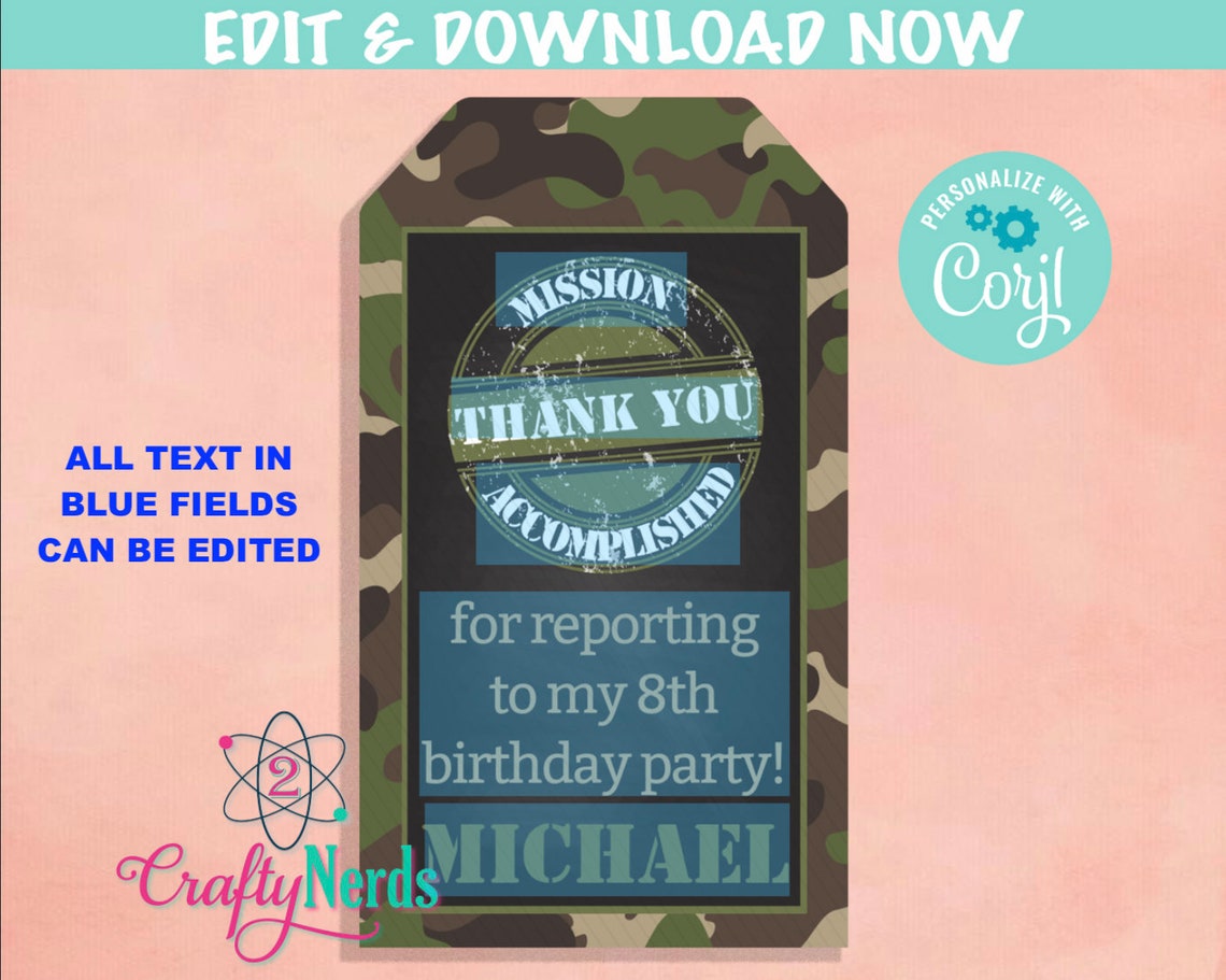 Army Birthday Thank You Tag, Army Tag, Army Label, Army Favor Label ...