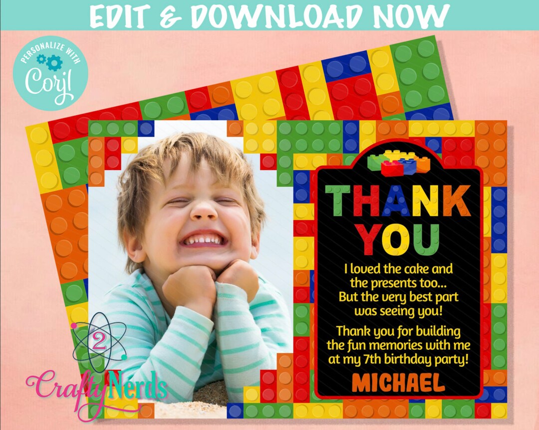 Building Blocks Birthday Thank You Card With Photo, Blocks Thank You ...