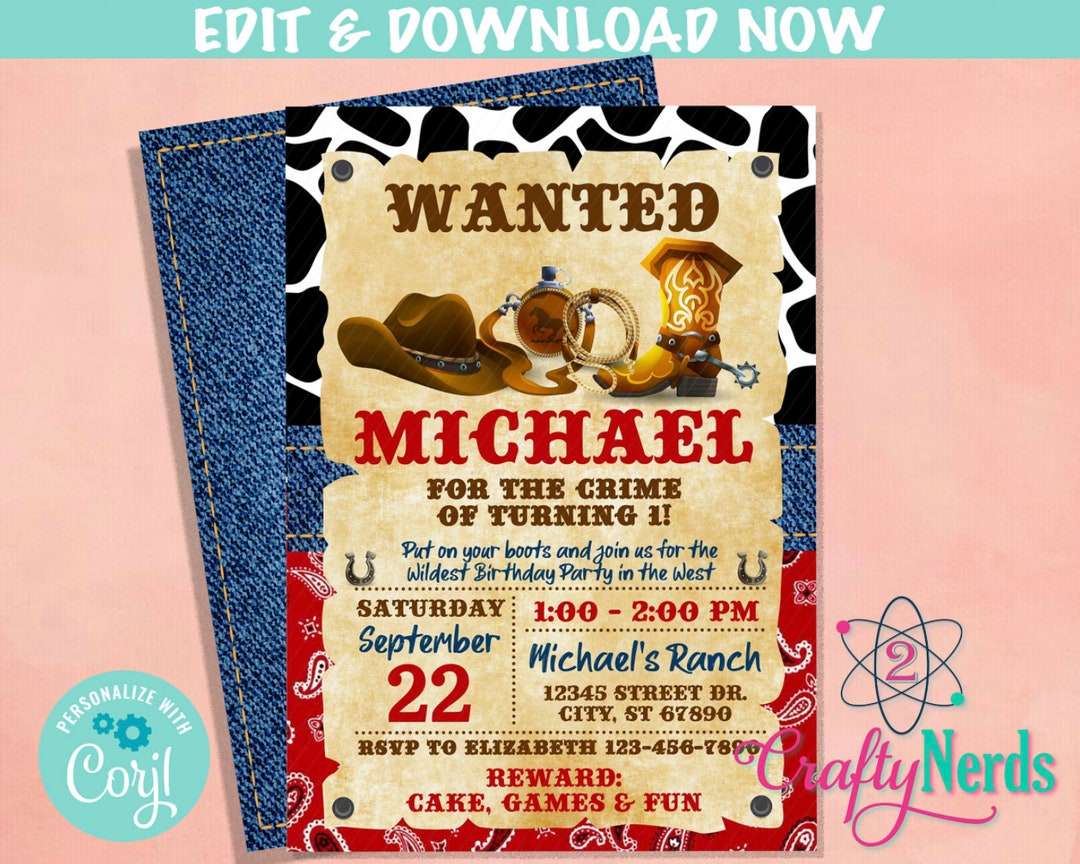 Wanted Cowboy Wild West Birthday Invitation, Cowboy Invite, Rodeo Party ...
