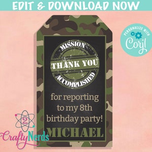 Army Birthday Thank You Tag, Army Tag, Army Label, Army Favor Label ...